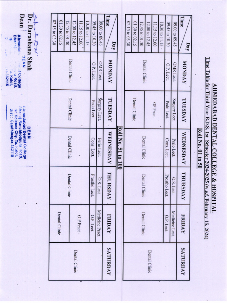 3rd BDS Time Table 2024-2025 | PDF