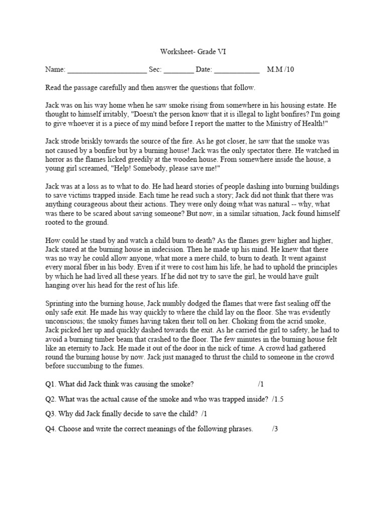 Grade VI Fire Rescue Worksheet | PDF