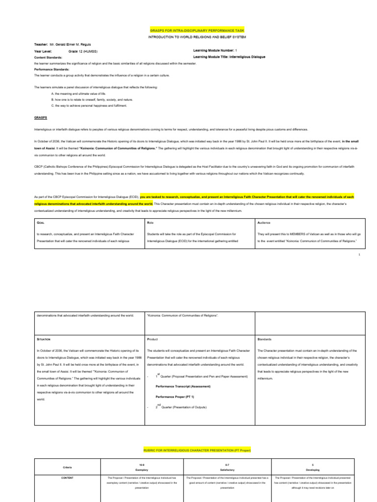 Grasps Rubrics (Intro To World Religions) - With No Signature | PDF ...