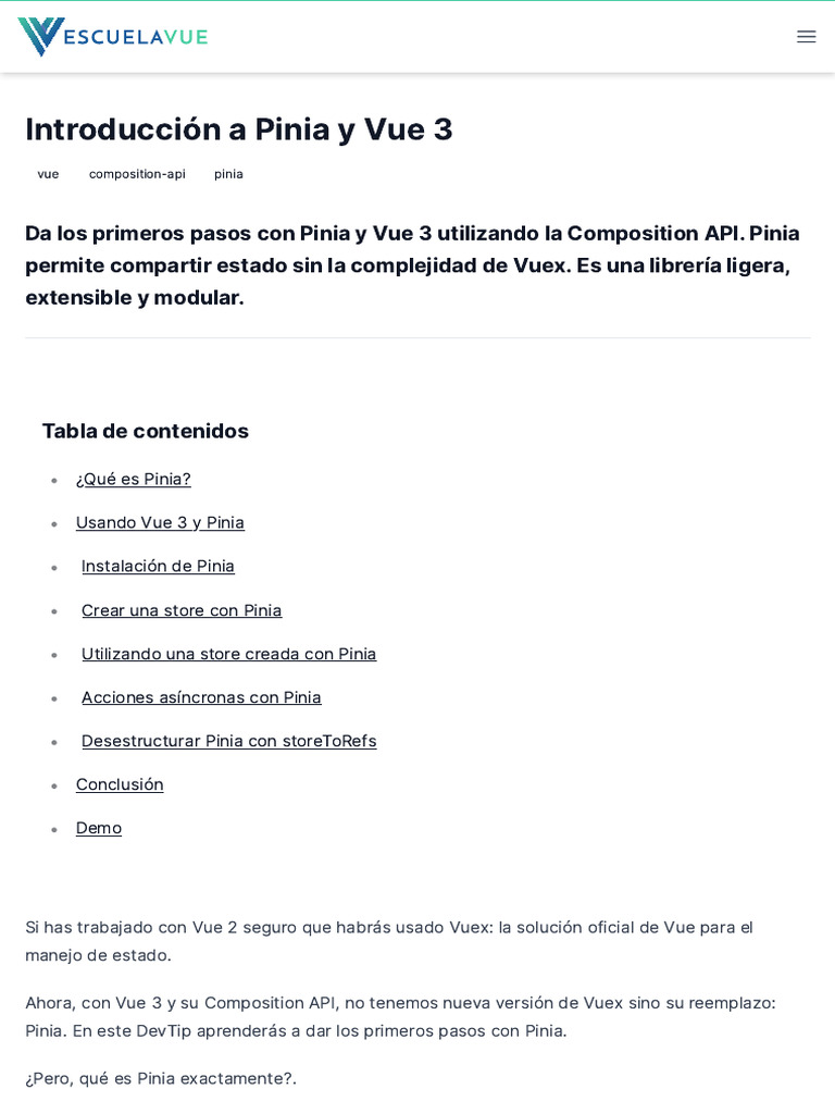 Introducción A Pinia y Vue 3 - Escuela Vue | PDF | Ciencias de la ...