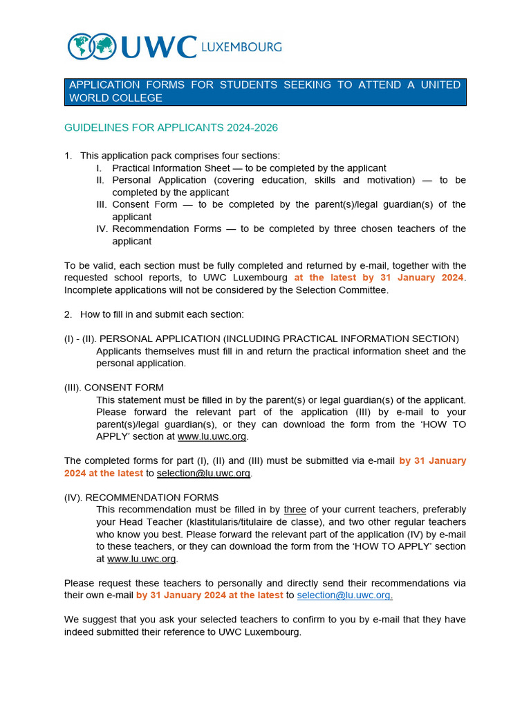 UWC Application Guidelines 2024-2026 | PDF