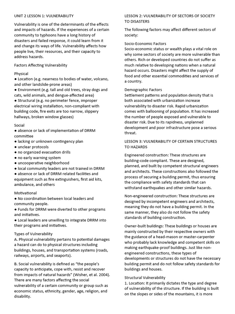 UNIT 2 DRRR | PDF | Hazards | Vulnerability