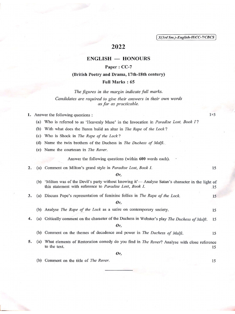 Cu 2022 B A Honours English Semester 3 Paper Cc 7 Qp Pdf