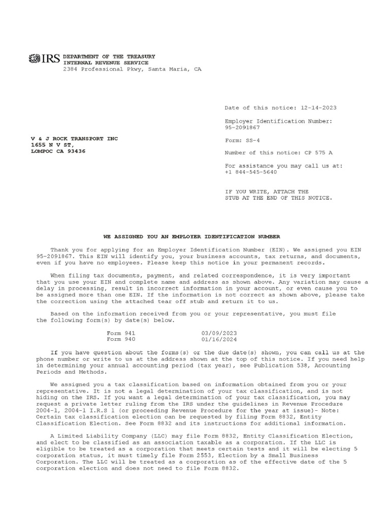V & J Rock Transport Inc Ein Letter | PDF