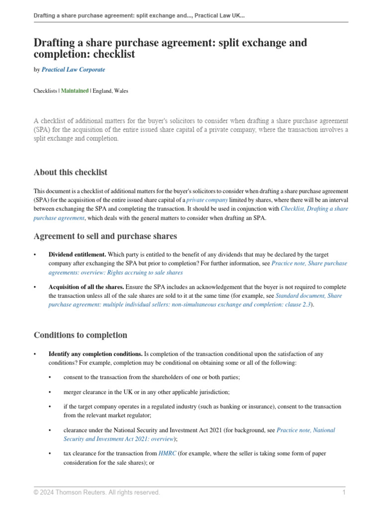 Share Purchase Agreement Checklist | PDF | United Kingdom Insolvency ...
