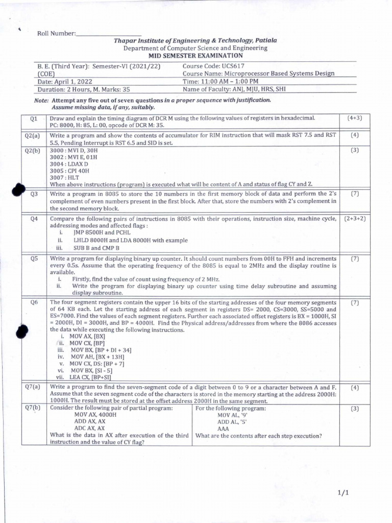 UCS617 Microprocessor Exam Paper | PDF