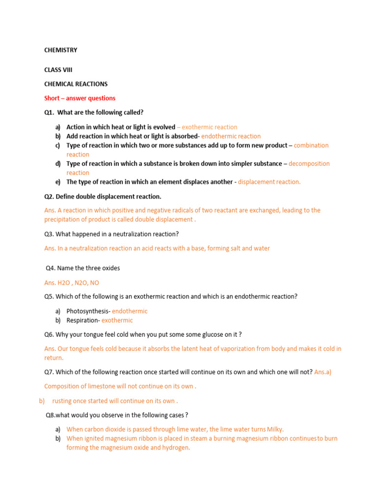 Types of Chemical Reactions - Notes | PDF | Chemical Reactions | Chlorine