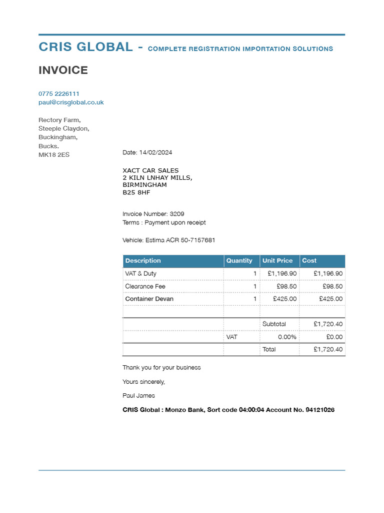 Xact Car Sales Invoice for Estima Vehicle | PDF