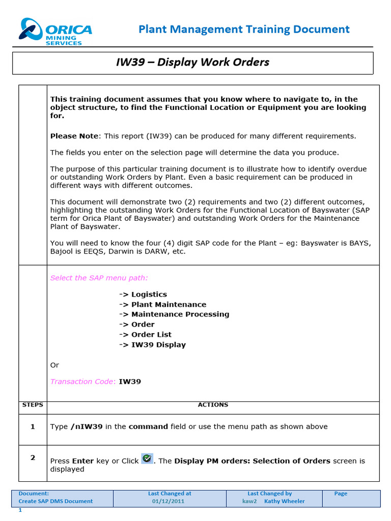 IW39 - Display Work Orders | PDF