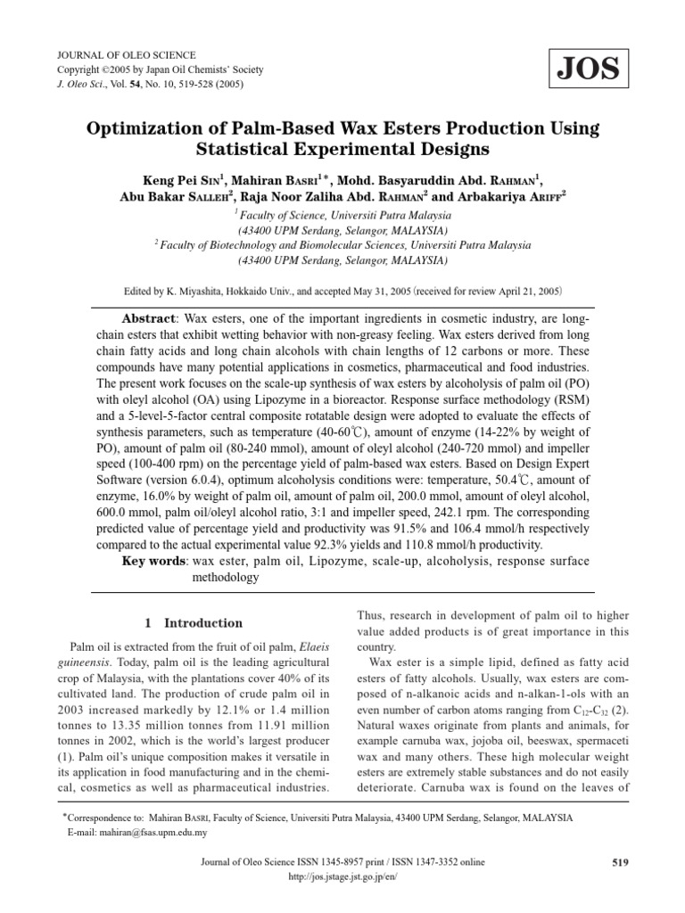 Optimization of Palma - Based Wax Esters Production - Statistical Design of Experiments | PDF ...
