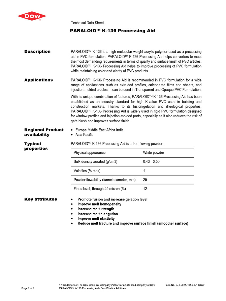 874 06217 01 Paraloid k136 Acrylic Processing Aid Tds | PDF | Polyvinyl ...