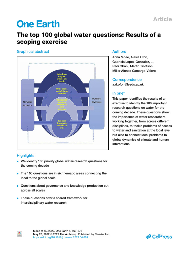 One Earth - Top 100 Global Water Questions - Completo | PDF | Water ...