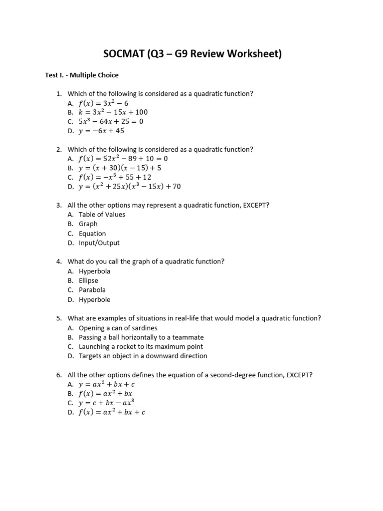 g9 Socmat Reviewer | PDF | Quadratic Equation | Elementary Mathematics