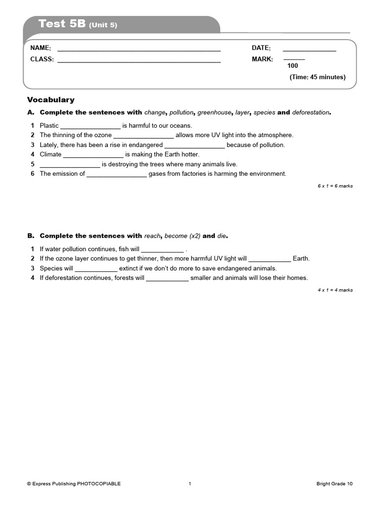 Bright gr10 Test 5B - Unit 5 | PDF | Water | Earth
