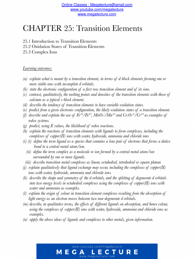 Chapter 25 Transition Elements | PDF | Transition Metals | Coordination Complex