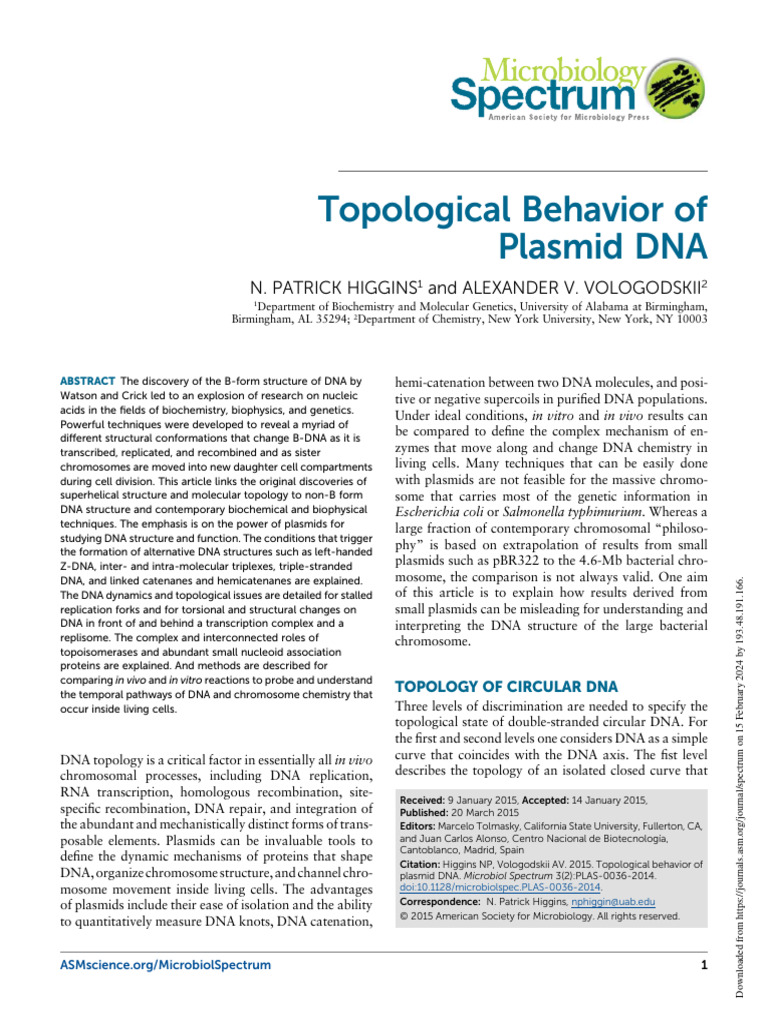Higgins Et Al 2015 Topological Behavior of Plasmid Dna | PDF | Nucleic ...