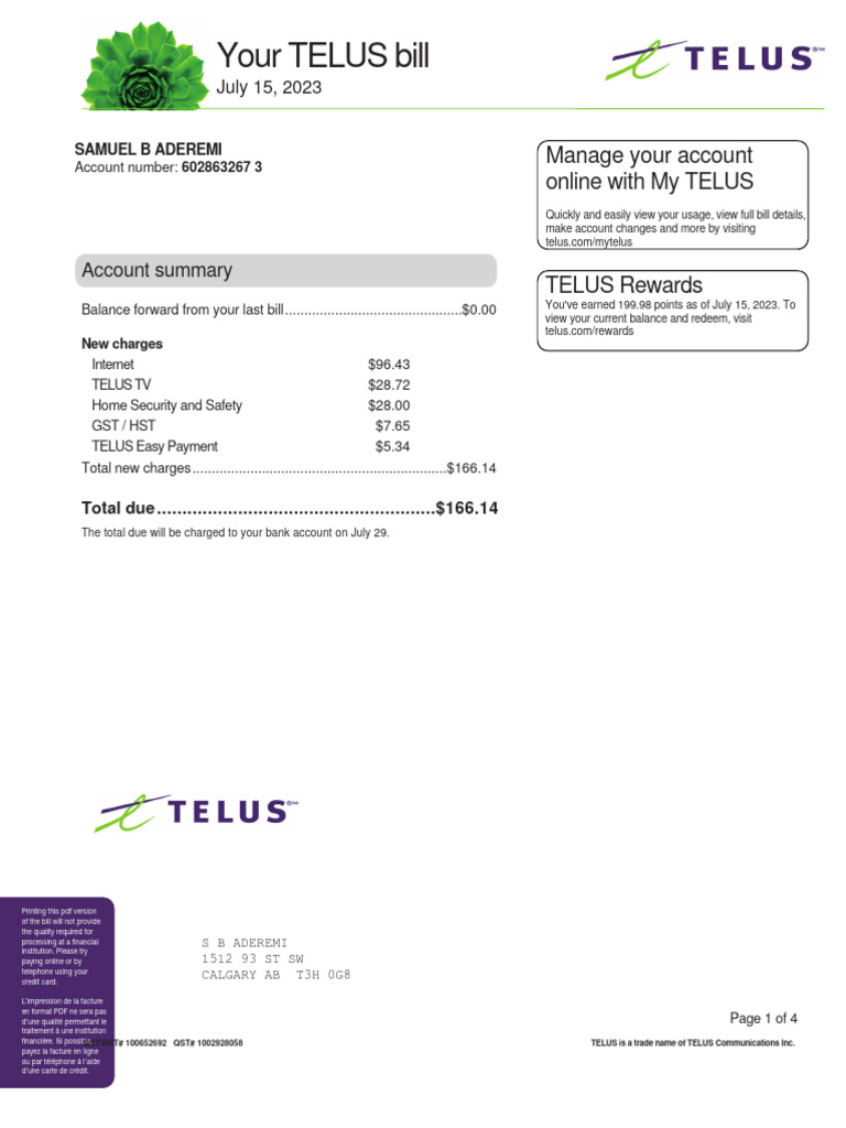Telus Mobile 602863267 2023 07 14 | PDF | Credit Card | Internet Access