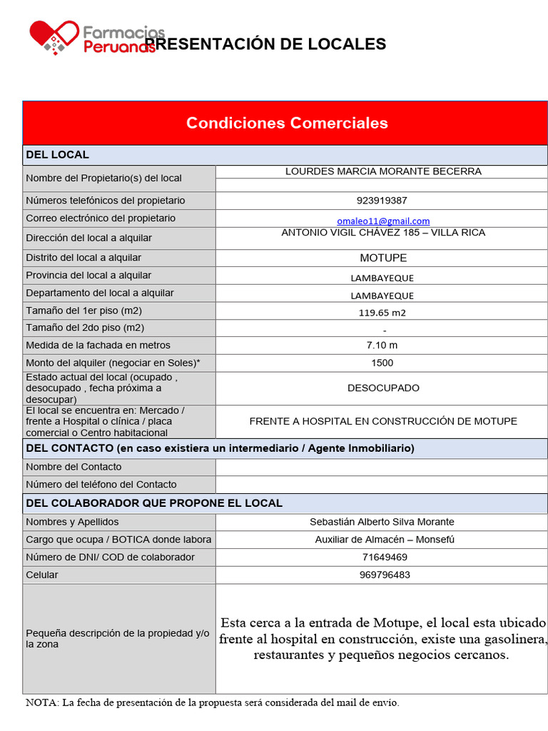 Presentación de Locales: Condiciones Comerciales | PDF