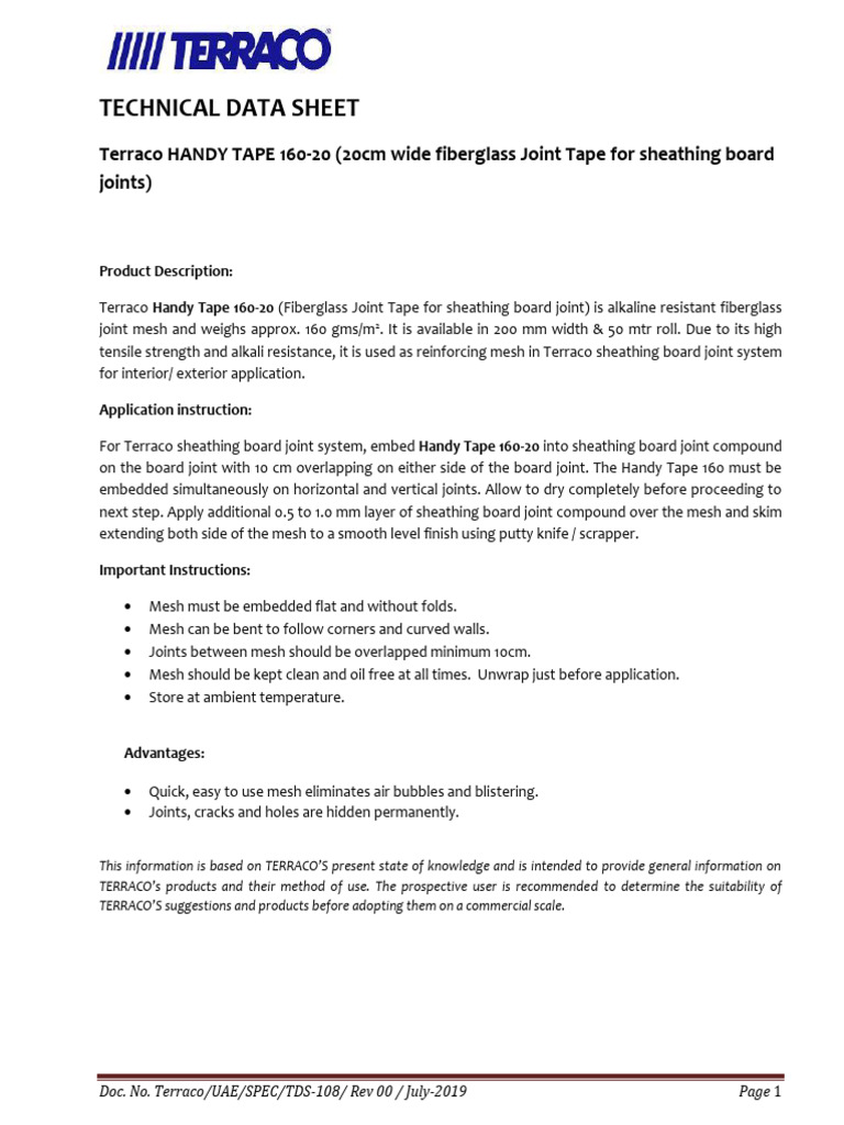 TDS 108 Terraco Handytape-160-20 Fiberglass Joint Tape | PDF