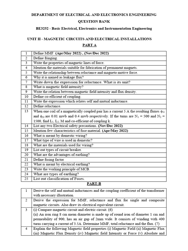 BE3252 QB Unit2 | PDF | Inductance | Electromagnetism