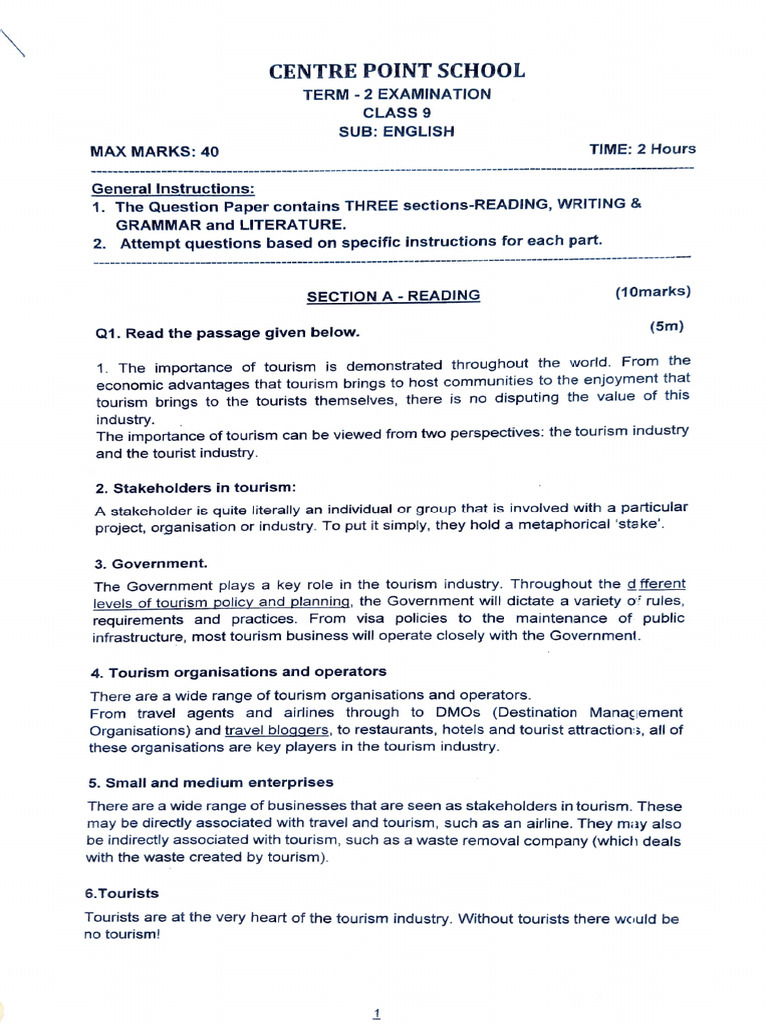 Class 9 English Term 2 Exam Paper | PDF | Tourism | Marie Curie