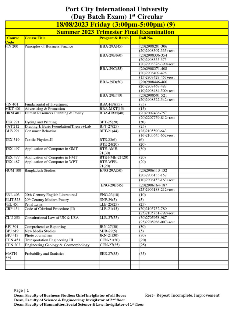 Day Summer 2023 Trimester Final Term Semester Mid Term Exam Routine ...