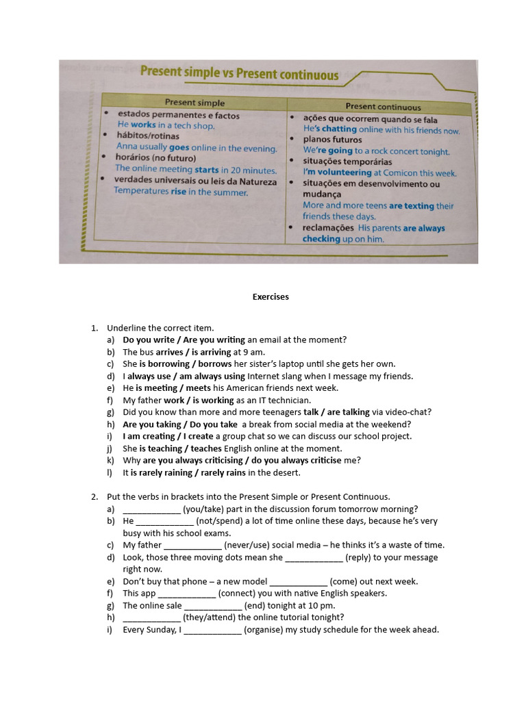 Present Simple vs. Continuous Exercises | PDF