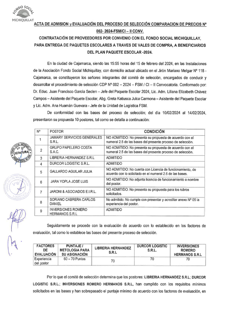 Acta Admision y Evaluacion - CDP #002-2024 - II Conv Proveedores Paquete Escolar. | PDF