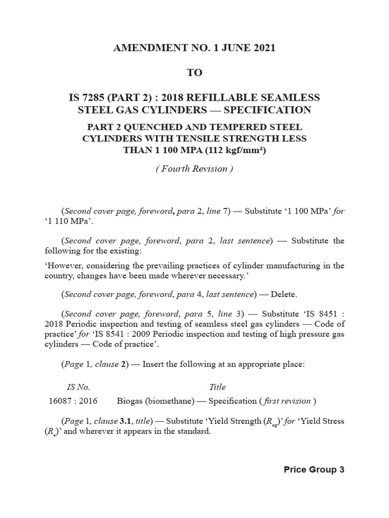Amendment No. 1 June 2021 TO Is 7285 (Part 2) : 2018 Refillable ...
