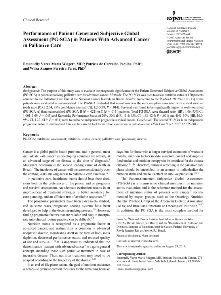 Performance of Patient-Generated Subjective Global Assessment (PG-SGA ...