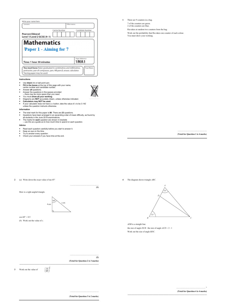 1a - Paper 1 Non-Calculator Aiming For Grade 7 - Question Paper | PDF ...