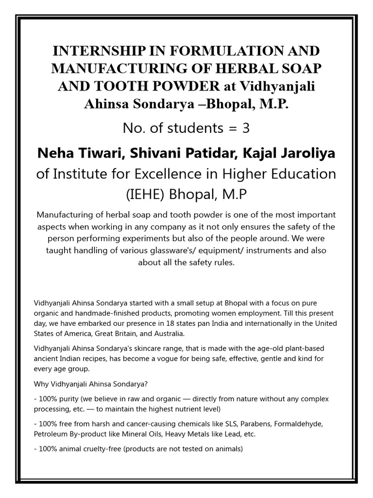 INTERNSHIP IN FORMULATION AND MANUFACTURING OF HERBAL SOAP AND TOOTH ...