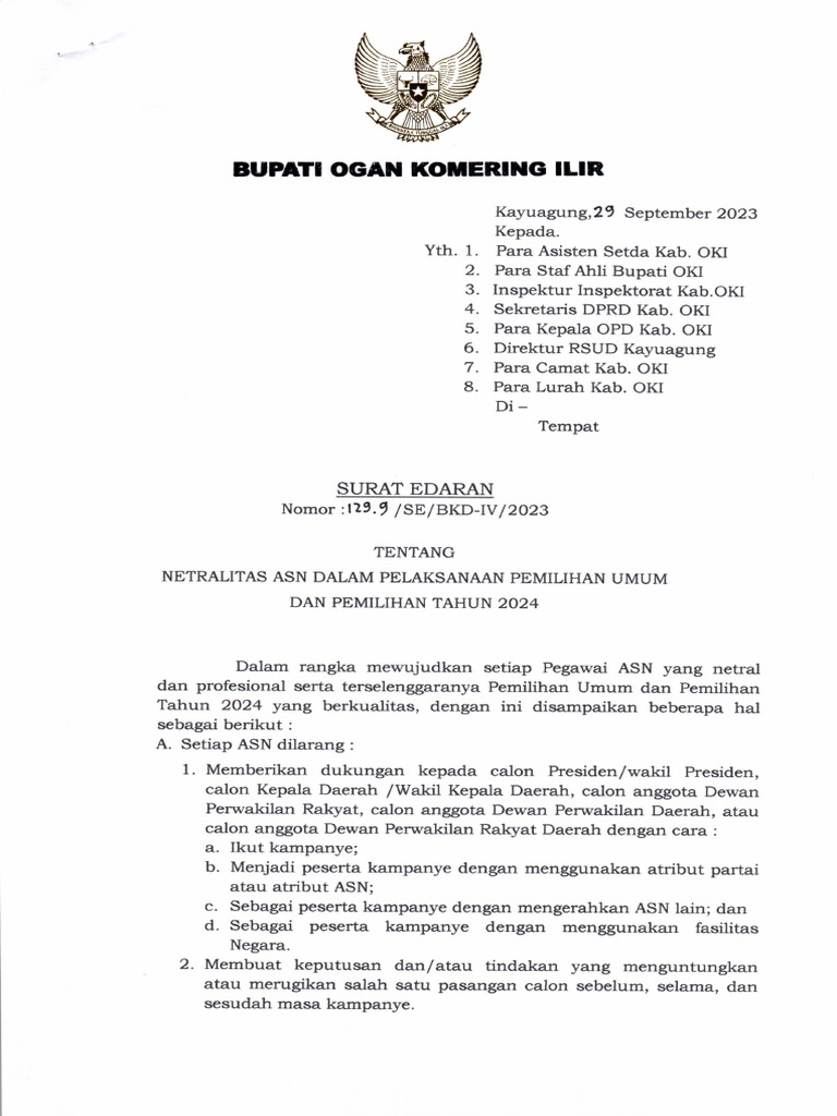 Surat Edaran Netralitas ASN Dalam Pelaksanaan Pemilihan Umum Pemilihan Tahun 2024 | PDF
