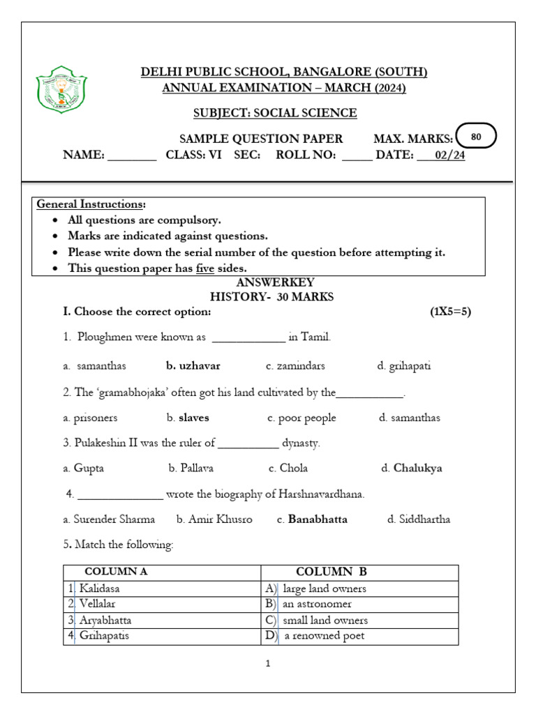 Grade6 - Social Science Sample Paper Anskey | PDF | Oceans | Coral