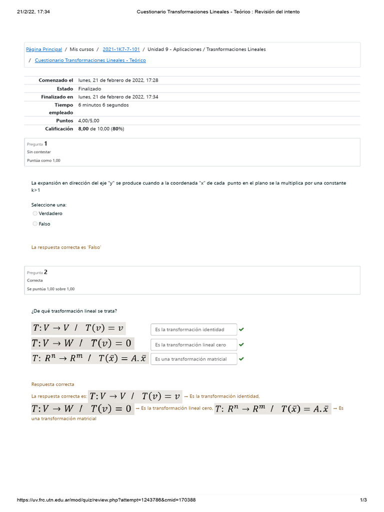 Cuestionario Transformaciones Lineales Sil Soco | PDF | Mapa lineal | Funciones y mapeos