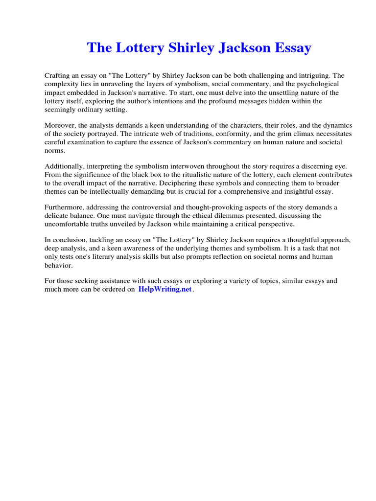 The Lottery Shirley Jackson Essay | PDF | Essays | Dances