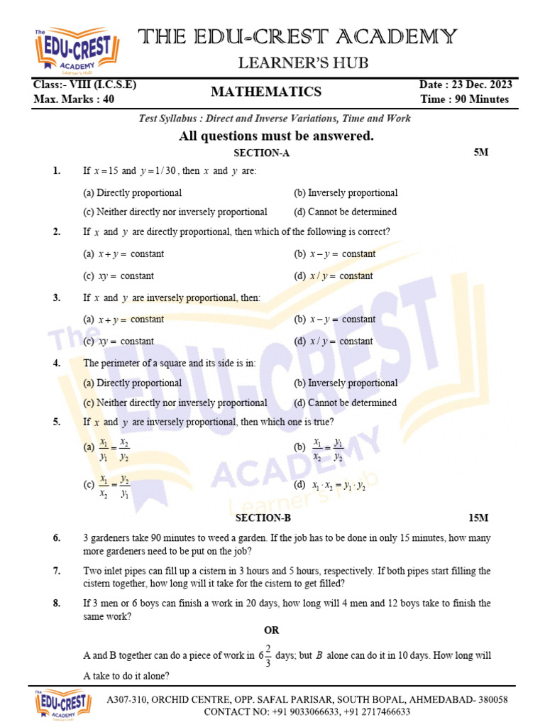 8th - ICSE - TEST PAPER MATH - 23 - Dec - 2023 | PDF | Mathematics