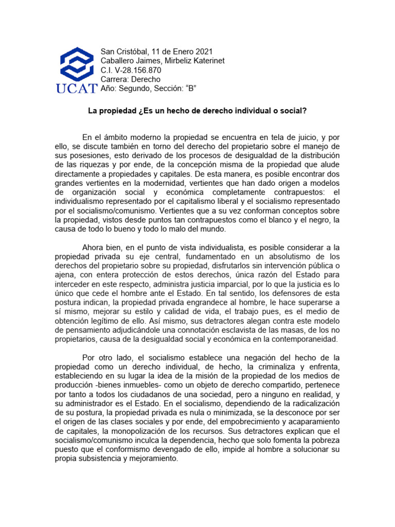 Ensayo - La Propiedad Es Un Hecho de Derecho Individual o Social | PDF ...