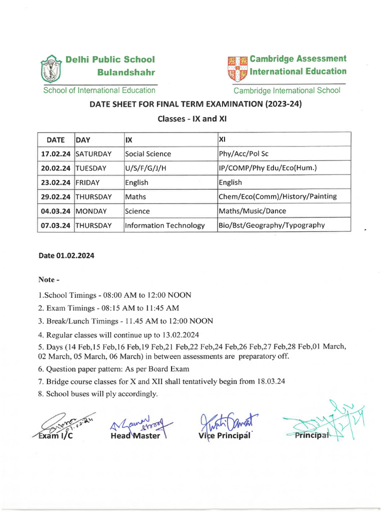 Annual Exams Date Sheet (IX & XI) | PDF