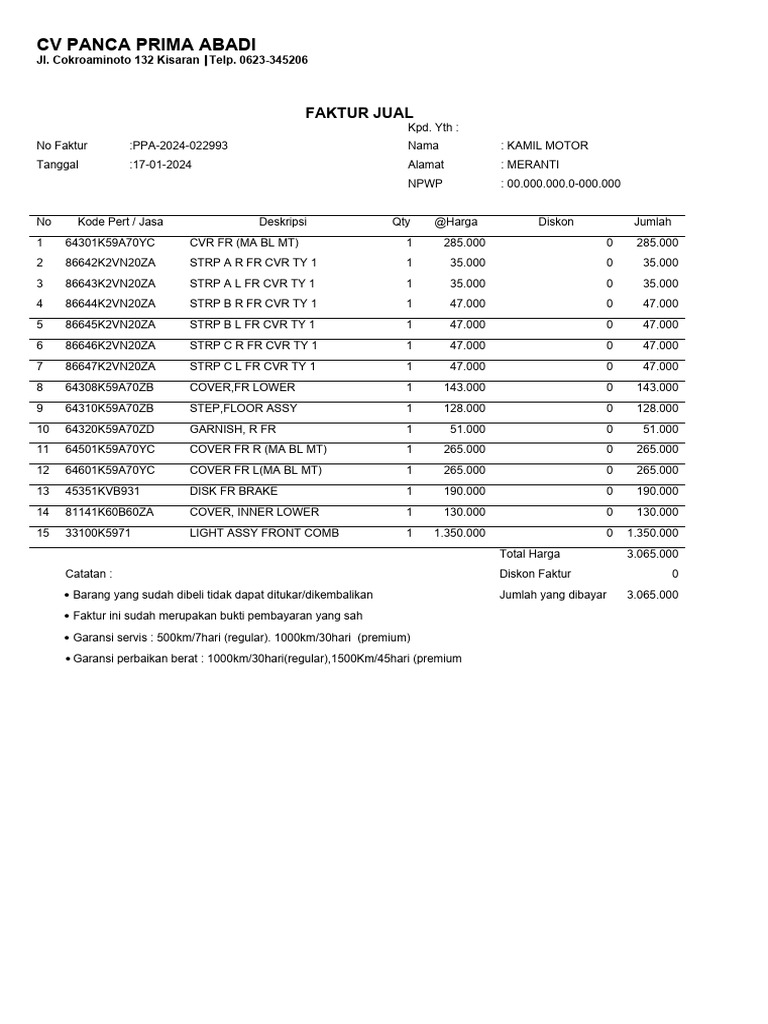 Faktur Jual CV Panca Prima Abadi | PDF | Teknologi & Rekayasa
