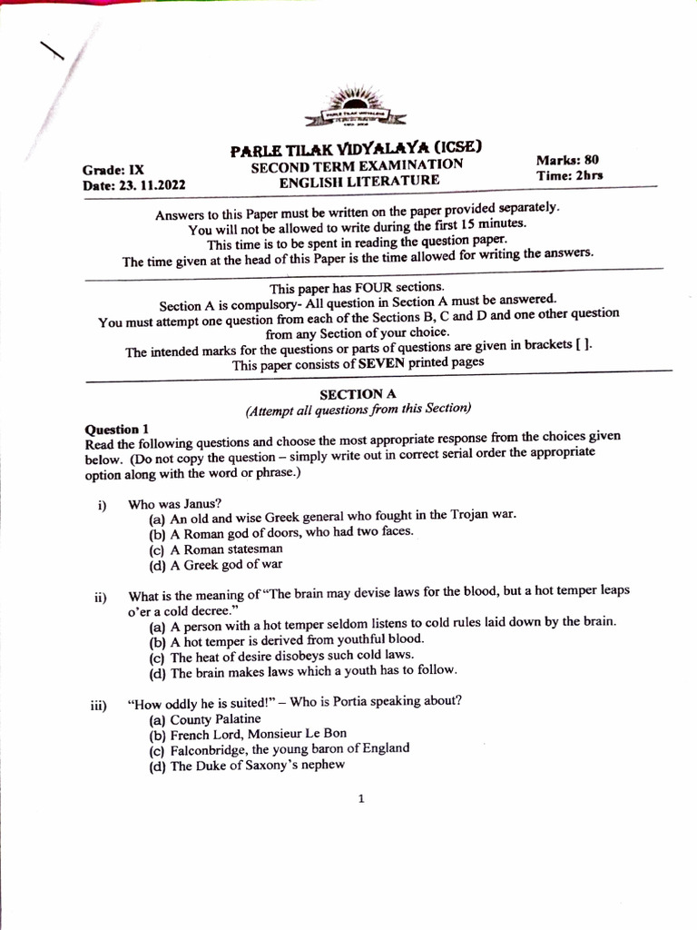 ICSE Class 9 English Literature Exam Paper | PDF