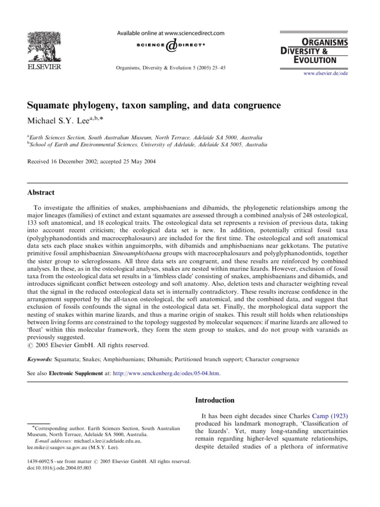 2005 Lee Squamate Phylogeny, Taxon Sampling, and Data Congruence | PDF | Squamata | Taxonomy ...