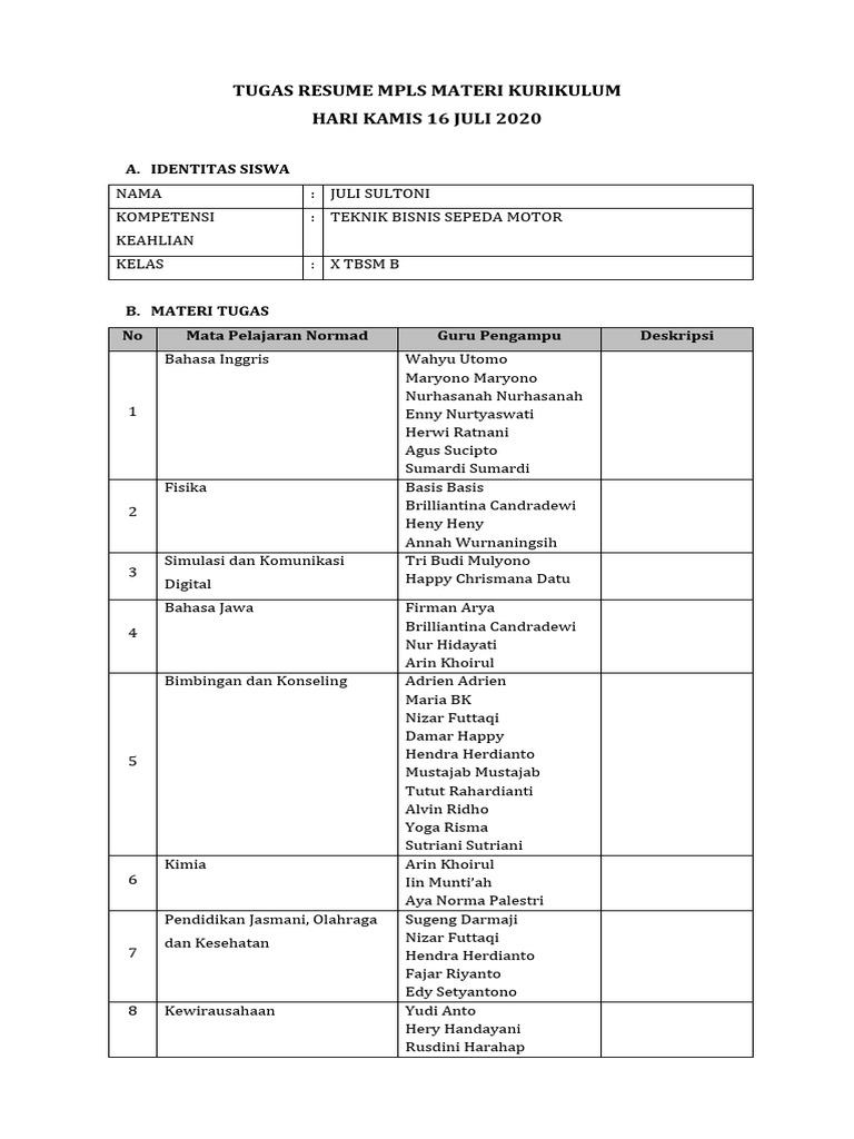 Form TUGAS RESUME MPLS MATERI KURIKULUM 2 | PDF