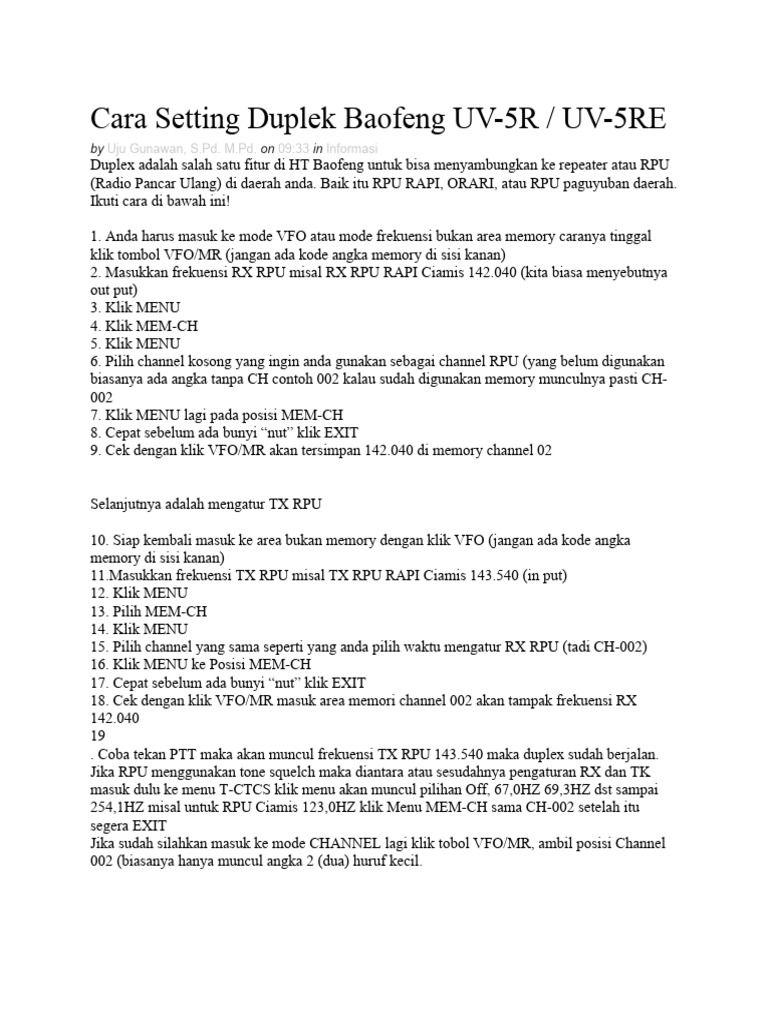 Cara Setting Duplek Baofeng UV5R | PDF