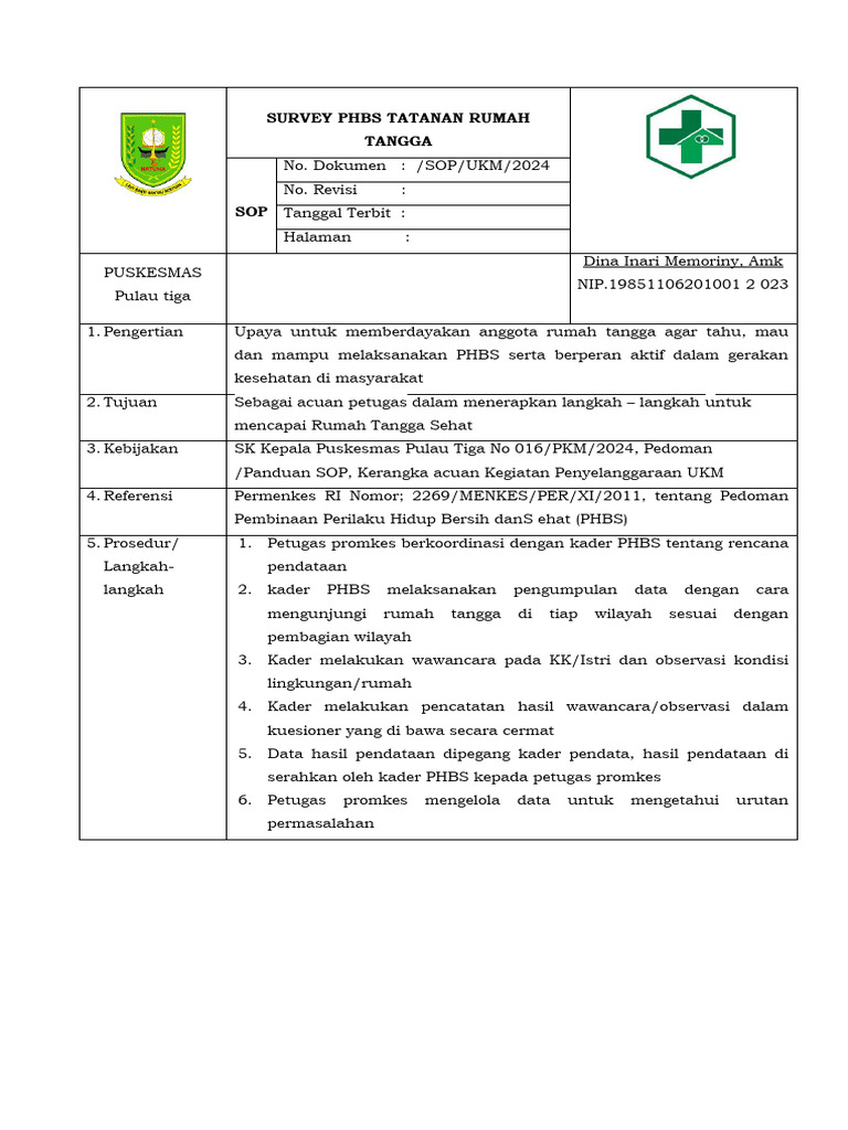 SOP SURVEY PHBS TATANAN RUMAH TANGGA | PDF