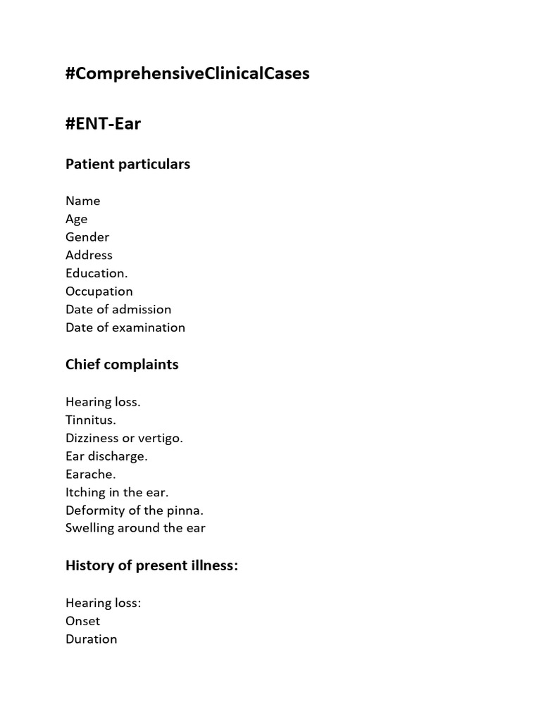 ENT Case Proforma-Ear | PDF | Ear | Medicine