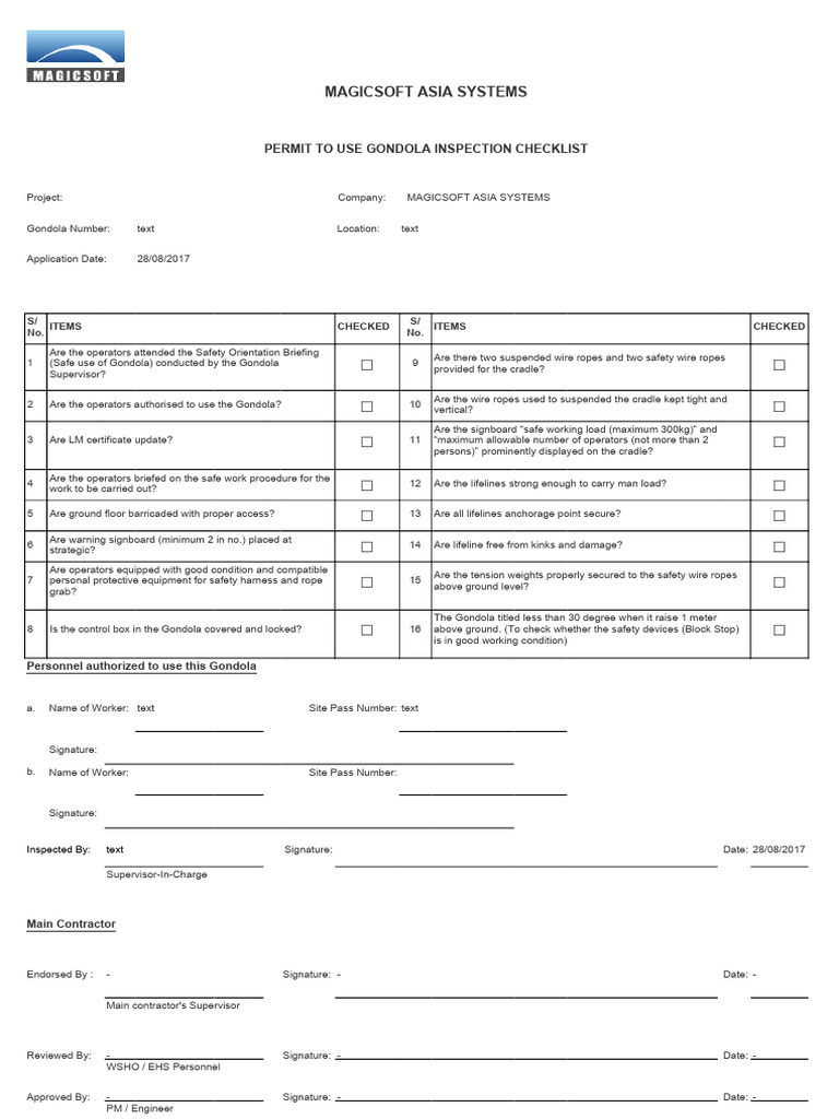 Gondola Inspection Checklist | PDF | Rope | Safety