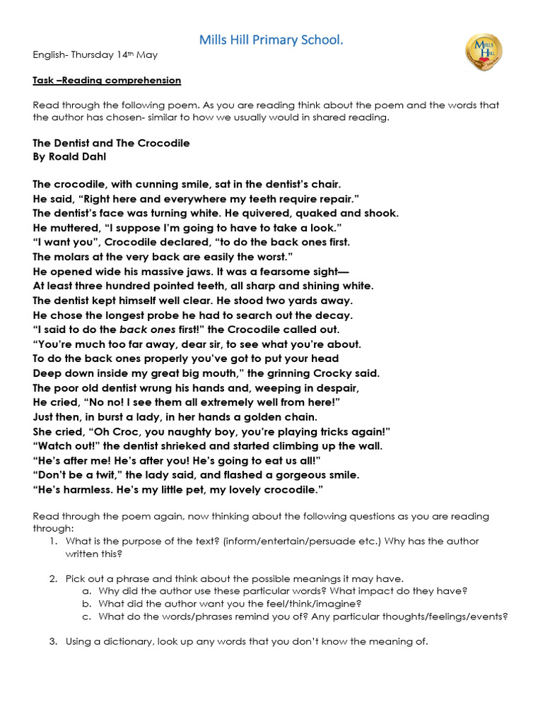 Reading Comprehension: Roald Dahl's Poem | PDF