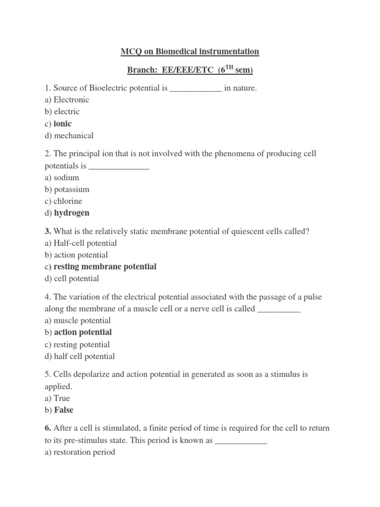 MCQ On Biomedical Instrumentation Branch: EE/EEE/ETC (6 Sem) | PDF ...