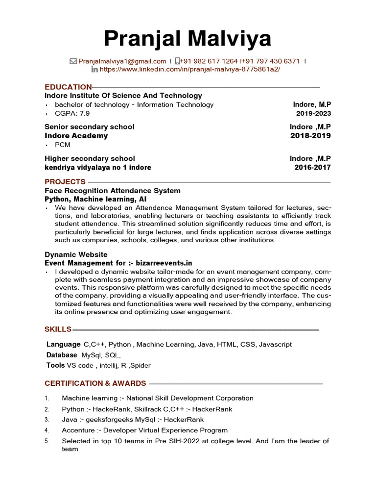 Pranjal Malviya: IT Graduate & Projects | PDF